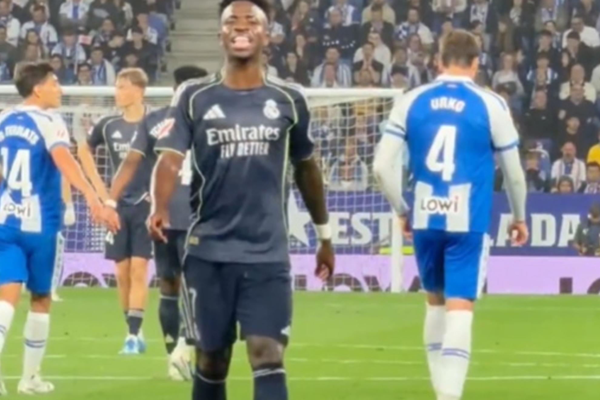 Vinicius reacts when fans chant “Beach Ball” during the Espanyol vs ...